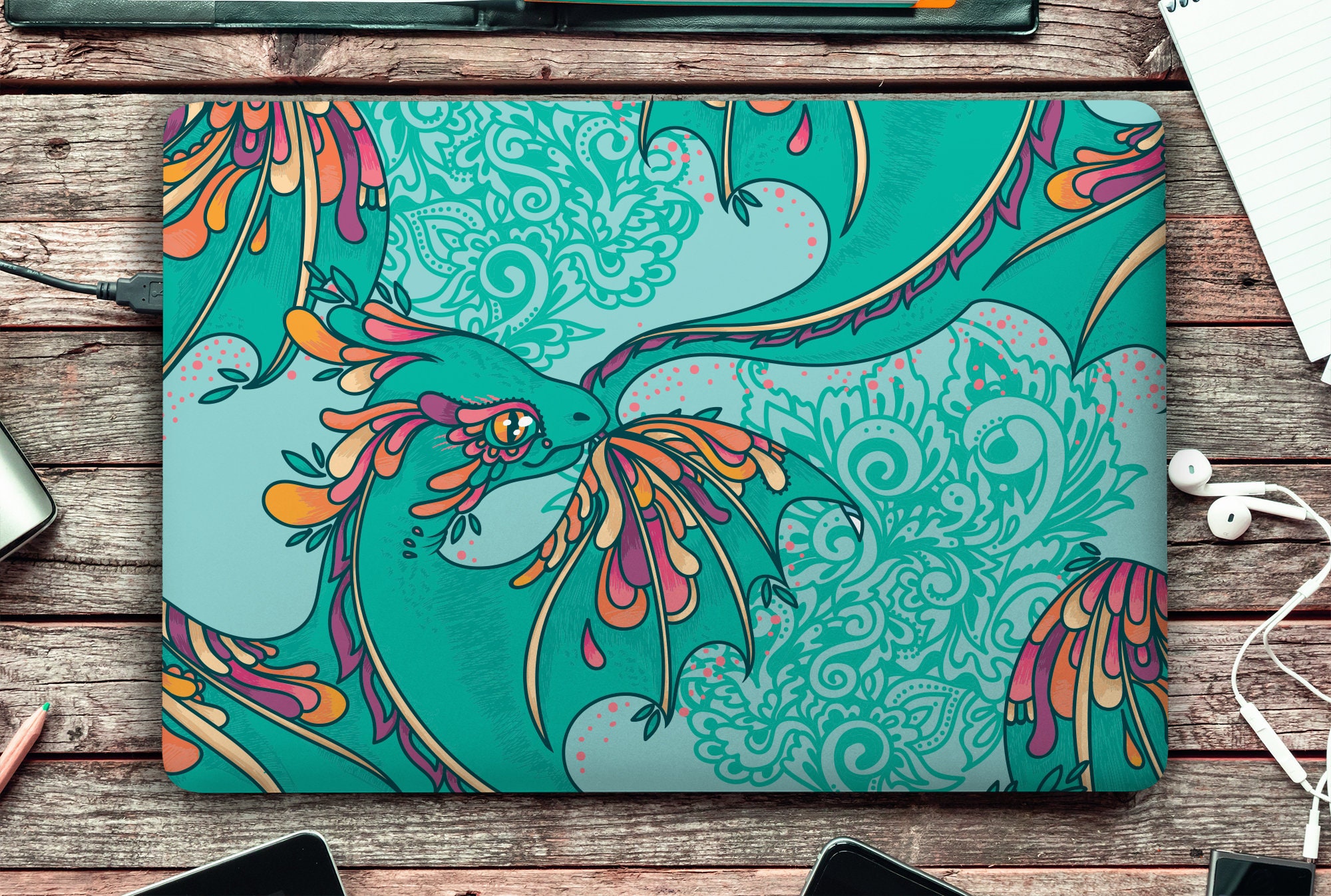 Dragon Illustration Swirls Pattern Laptop Skin, MacBook Skin, Computer ...