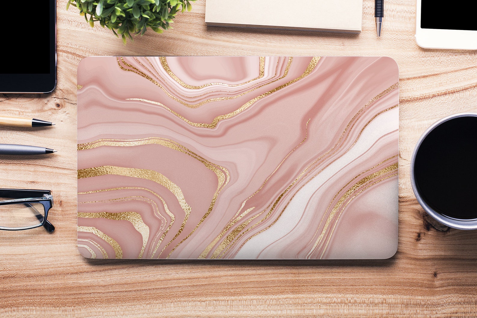 Rose Pink Swirl With Faux Gold Shimmer Vein UNIVERSAL Laptop Skin ...