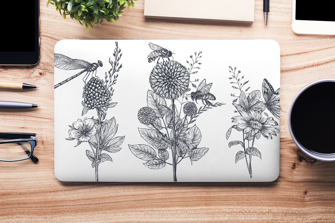 Black & White Botanical Insect Lino Print UNIVERSAL Laptop Skin ...