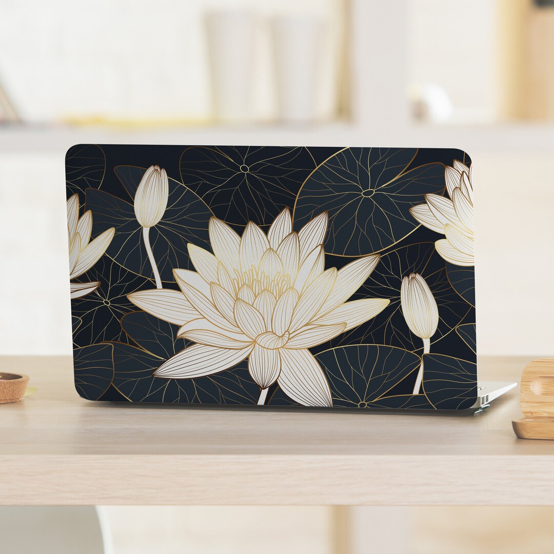 White Lotus Flower on Black Faux Gold Lines UNIVERSAL Laptop Skin ...