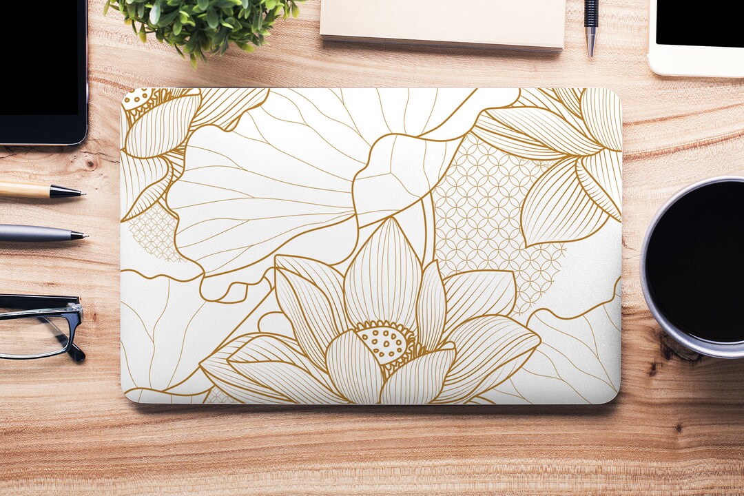 Gold & White Lotus Blossoms Flowers Leaves UNIVERSAL Laptop Skin ...