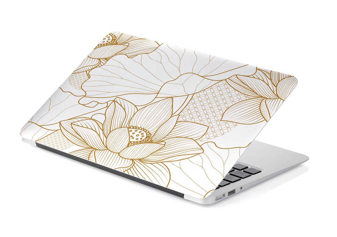 Gold & White Lotus Blossoms Flowers Leaves UNIVERSAL Laptop Skin ...