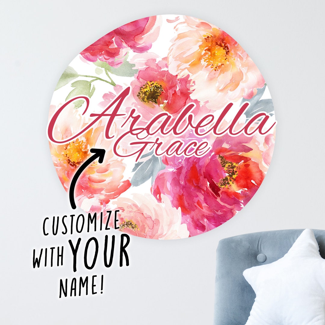 Custom Girls Floral Pink Watercolor Wall Sticker, Kids Room Decor ...