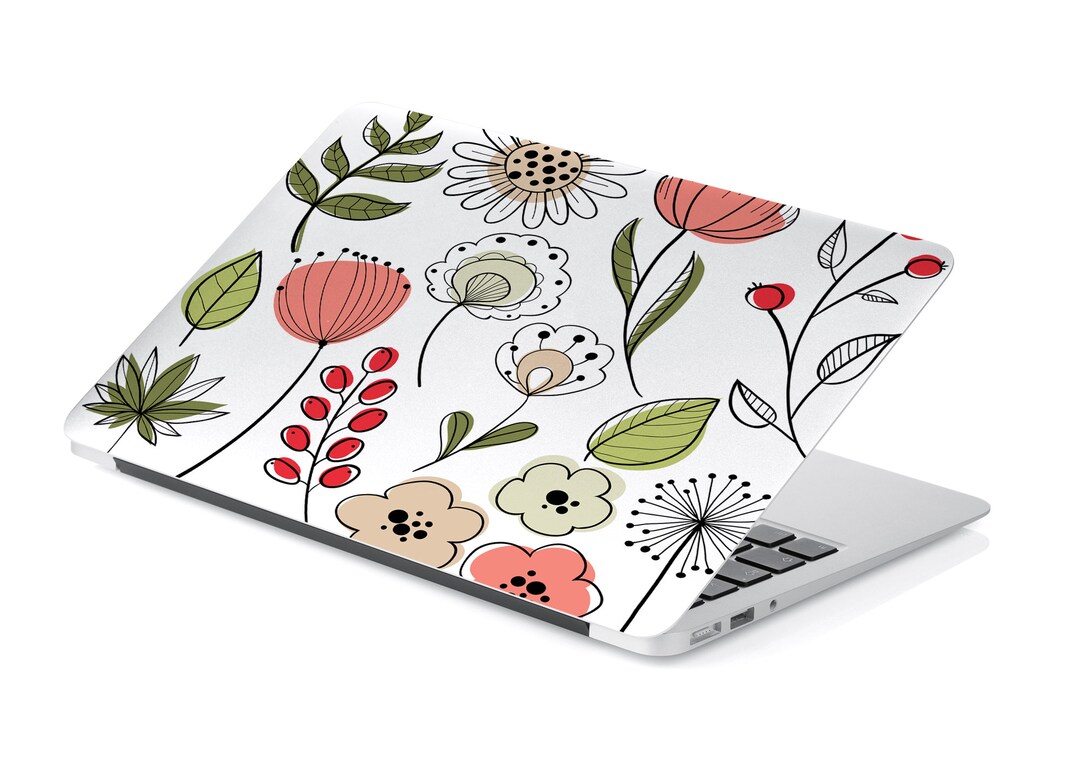Pink Green & White Graphic Garden Flowers UNIVERSAL Laptop Skin ...