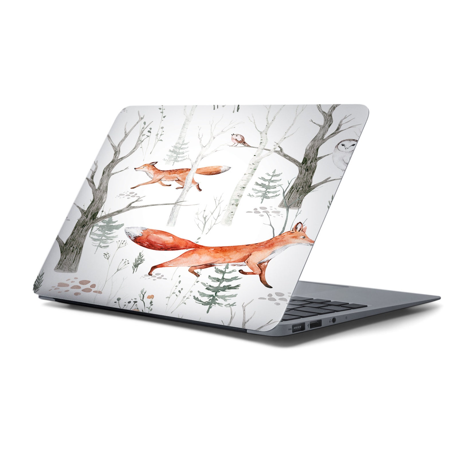 Watercolor Fox & Birds Owls in Forest Snow UNIVERSAL Laptop Skin ...