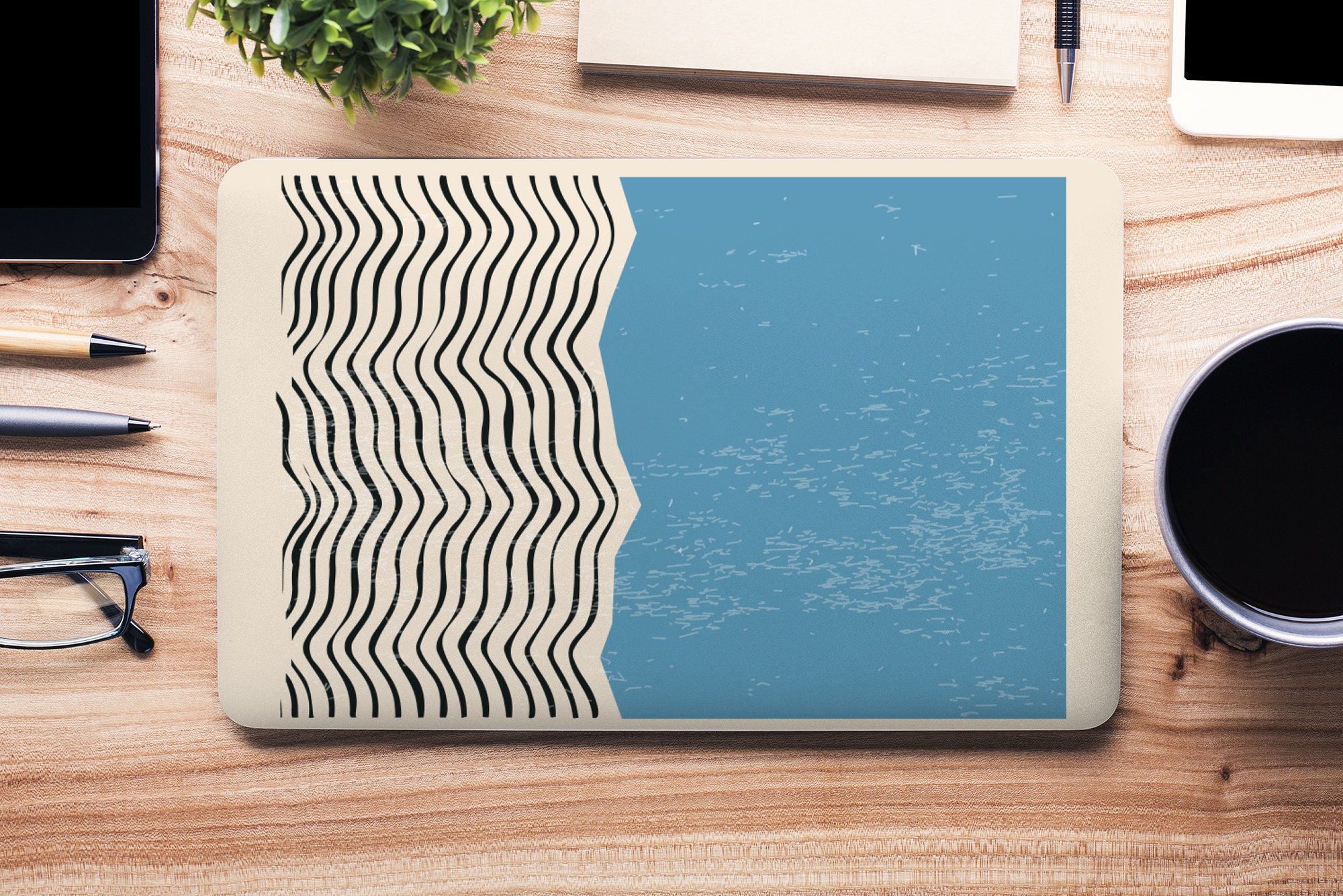 Distressed Blue & Wavy Black Ocean Sea Line UNIVERSAL Laptop Skin ...