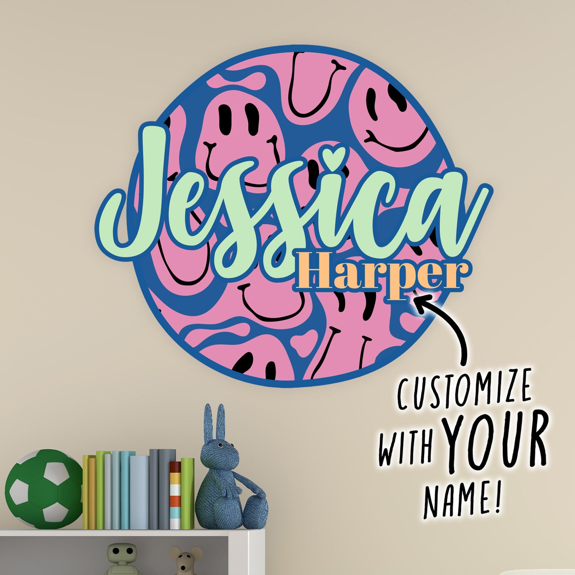 Custom Girls Groovy Trippy Smiley Faces Wall Sticker, Kids Room Decor ...