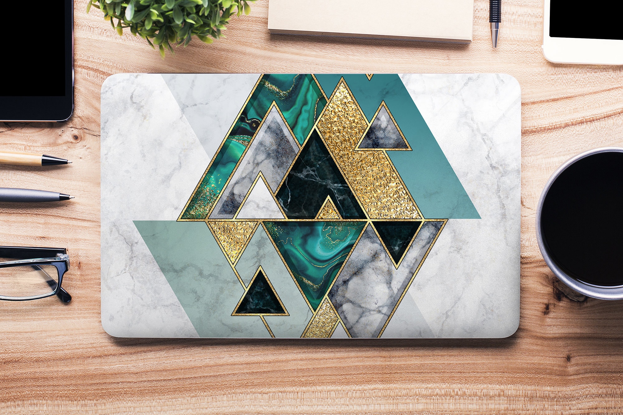 Green, Grey & Gold Art Deco Triangle Tile UNIVERSAL Laptop Skin ...