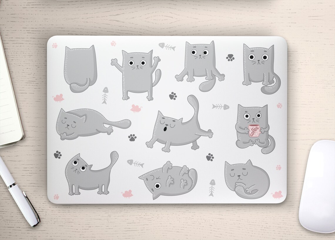 Cute Grey Cartoon Cat Poses Paw Prints UNIVERSAL Laptop Skin - Etsy