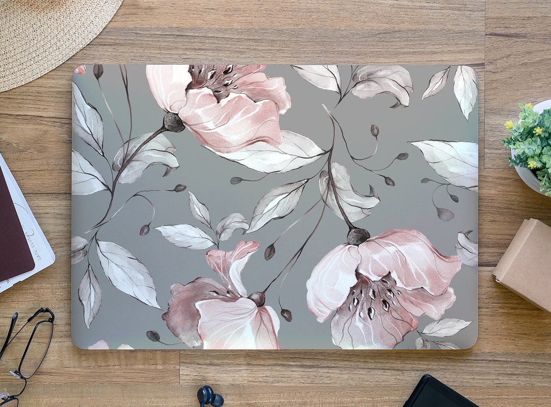 Pink Flowers Gray Background Watercolor Laptop Skin, MacBook Skin ...