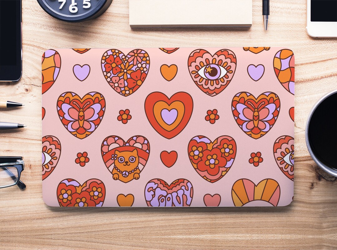 Pink Groovy Retro 70s Cat Love Hearts Print UNIVERSAL Laptop Skin ...