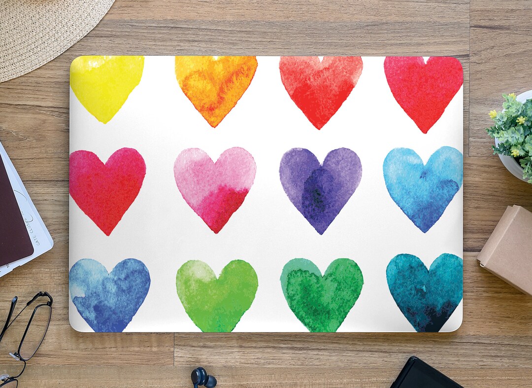 Big Watercolor Rainbow Hearts on White UNIVERSAL Laptop Skin, Computer ...