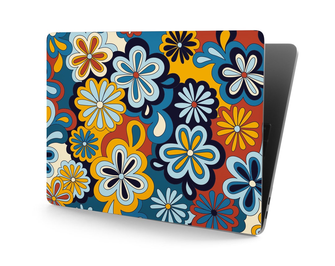 Black Blue Orange Retro Daisy Flowers 70s UNIVERSAL Laptop Skin ...