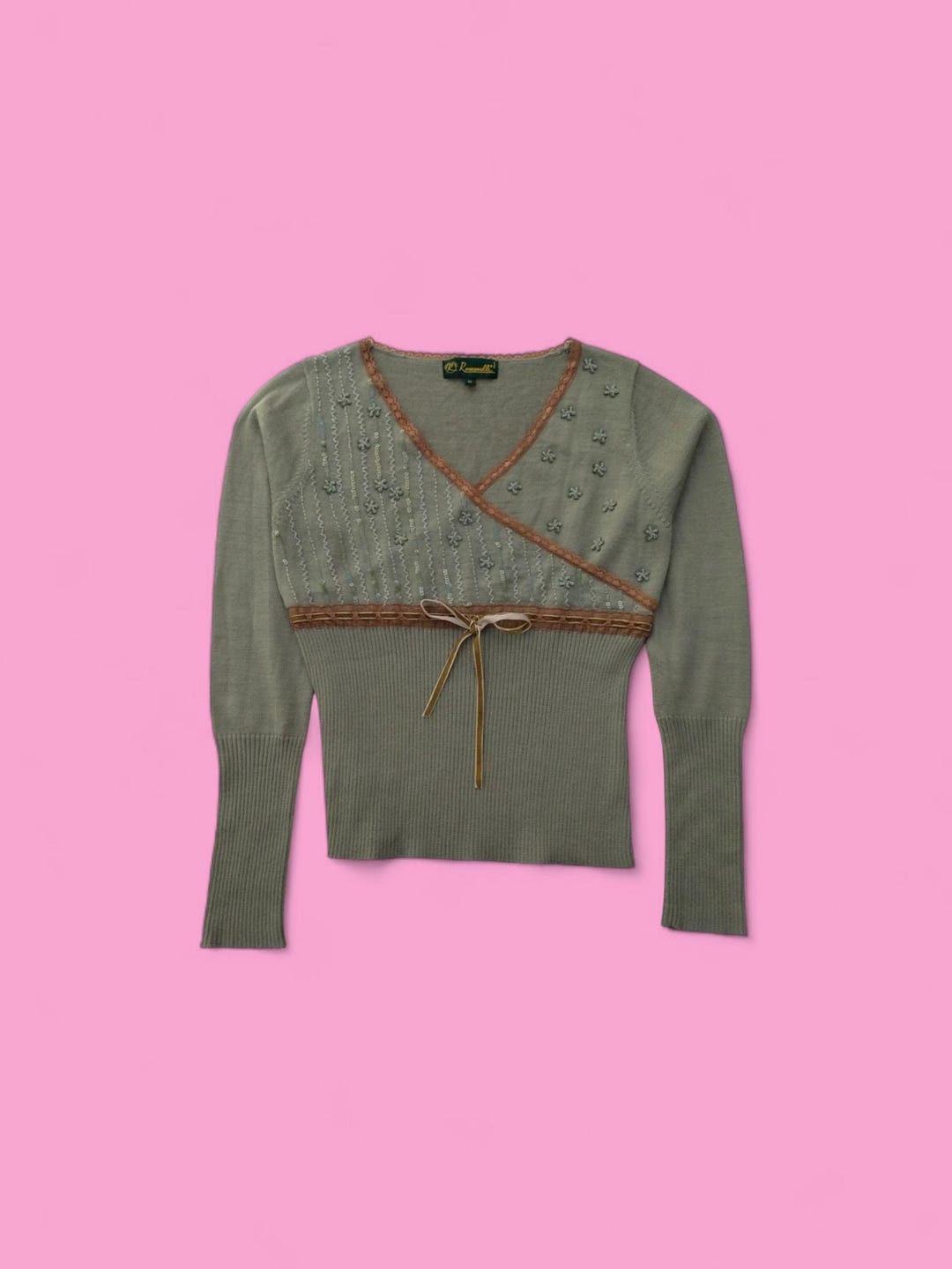 Vintage Y2K Fairycore Sweater – Green Knit Floral Embroidered Top ...