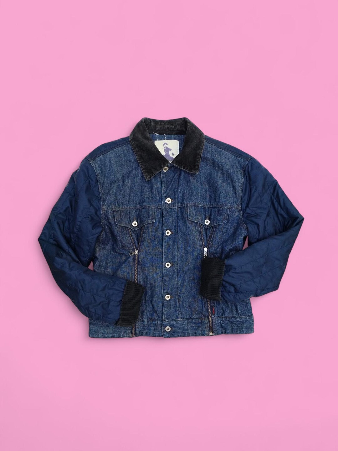 2000s Sixty Denim Bomber Jacket – Puffer Sleeves & Corduroy Collar ...