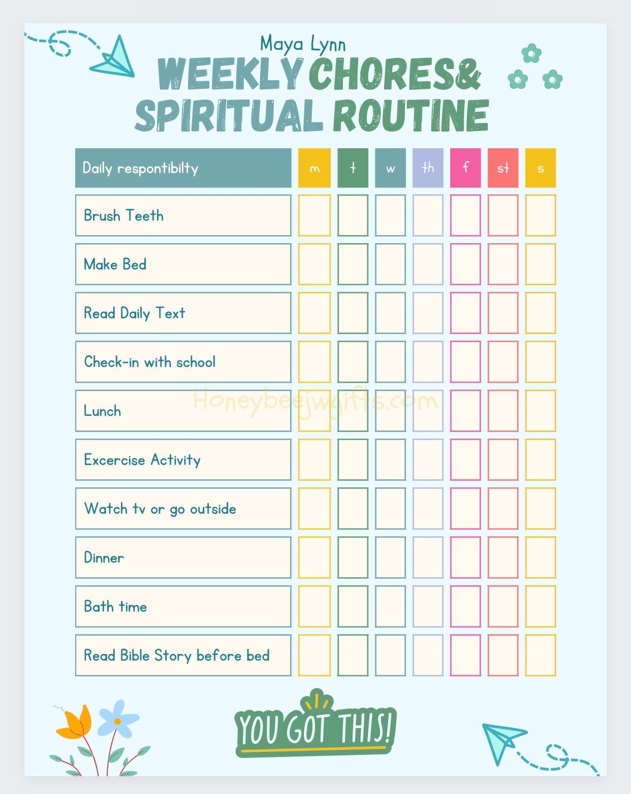 Custom Chore Chart/editable JW Homeschool Digital Printable Spiritual ...