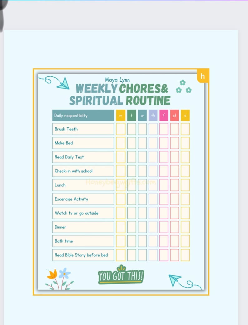 Custom Chore Chart/editable JW Homeschool Digital Printable Spiritual ...