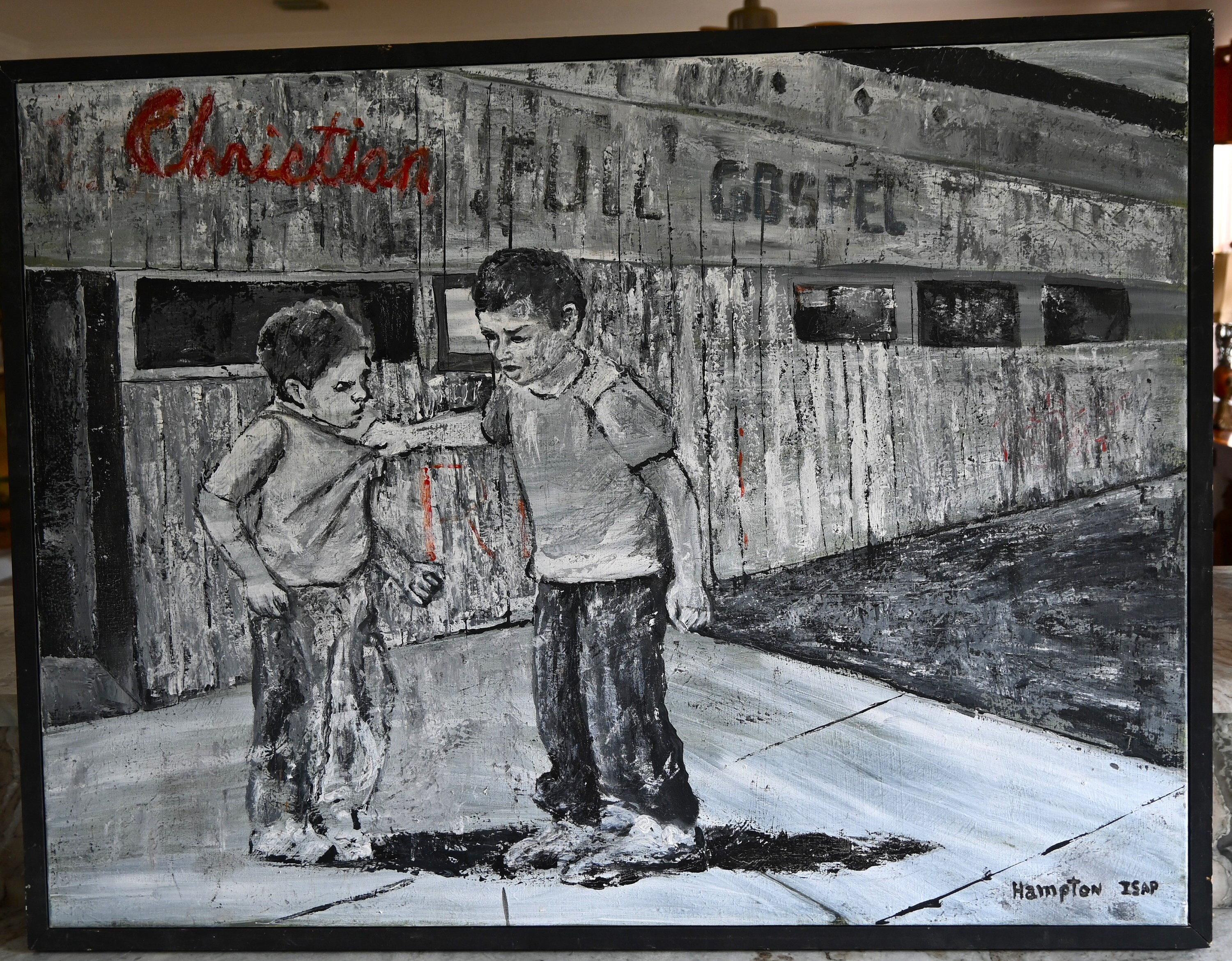 Large Well Executed Ironic Scene of Boys Fighting in Front of Church ...