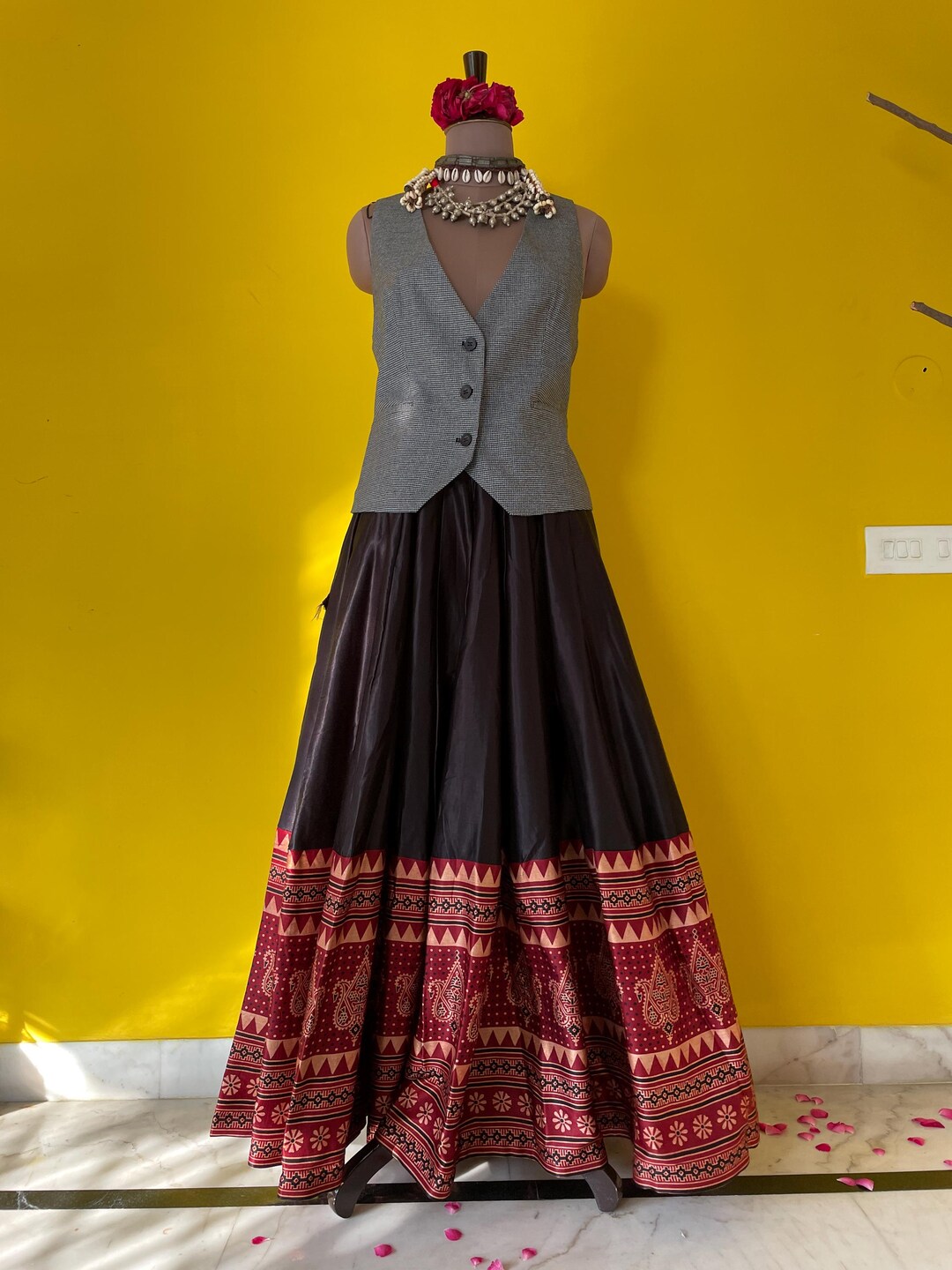 Block Printed Mashroo Silk Flared Skirt: Ajrakh Print, Festival Style ...