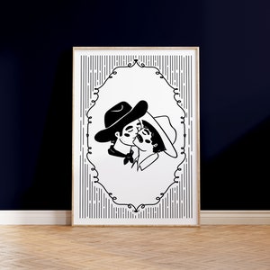 Kissing Cowboys Art Print | Romantic Western Style Illustrated Poster ...
