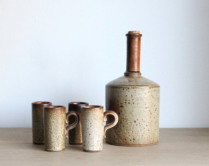 French Vintage 70s Stoneware Pottery Decanter and 4 Liqueur or Shot ...