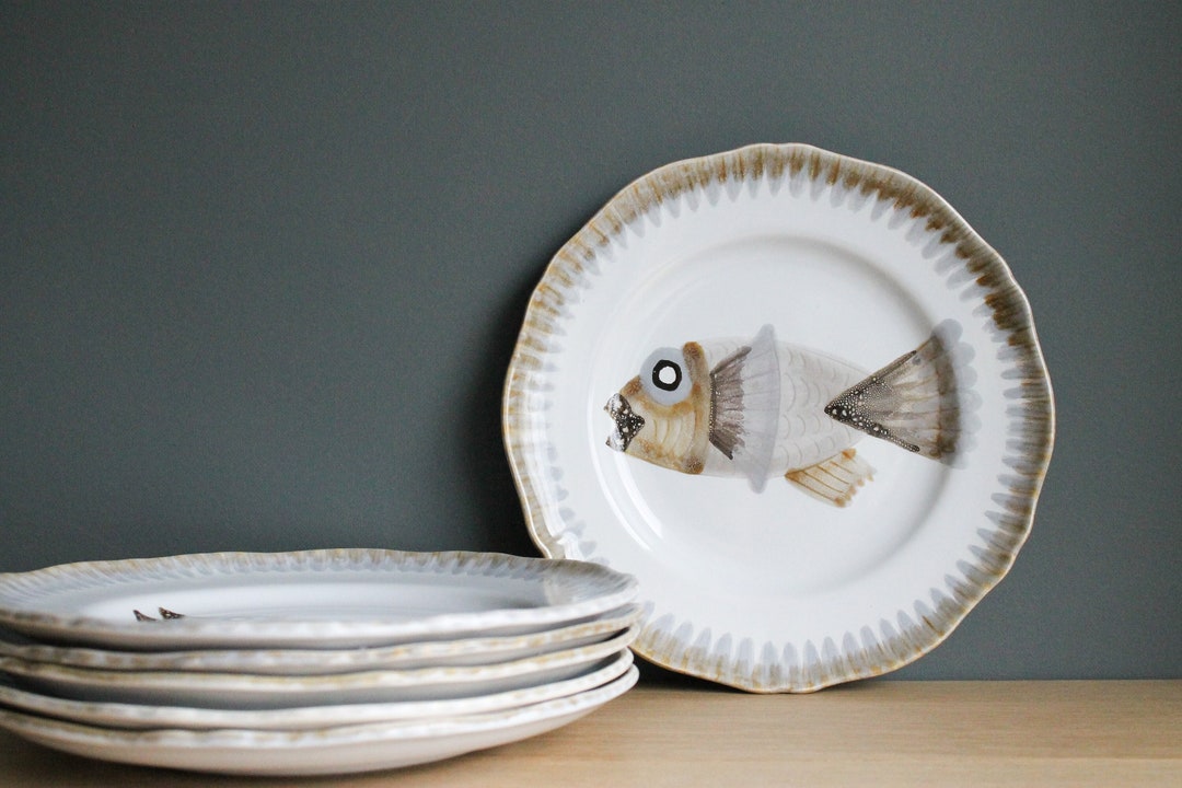 6 French Vintage Fish Dinner Plates, Hand-painted Ceramic, Faience of ...