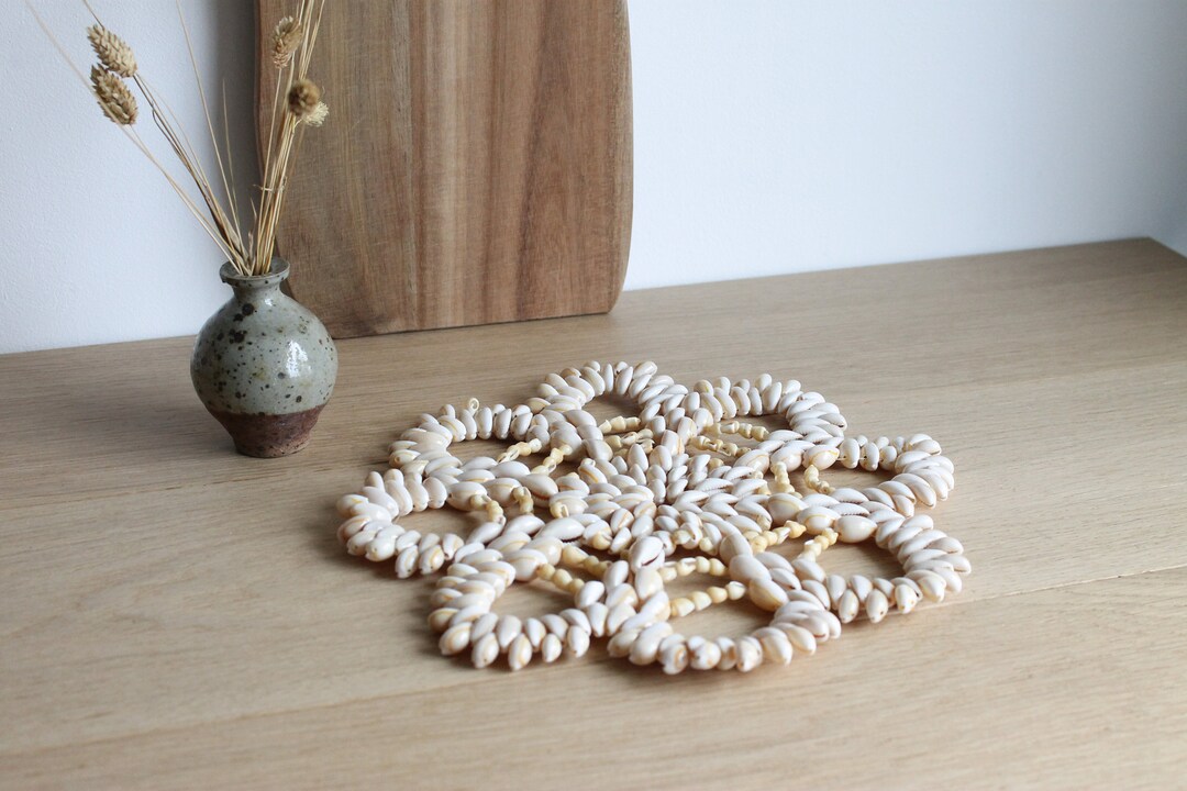 Vintage Cowrie Seashell Doily Trivet, Floral Shaped, 70s Boho Home ... Vintage Cowrie Seashell Doily Trivet, Floral Shaped, 70s Boho Home ...