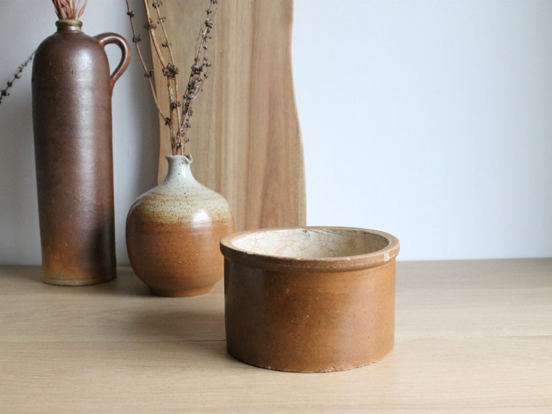 Small Antique Low Stoneware Crock Jar, Rustic Farmhouse Kitchen Small ...