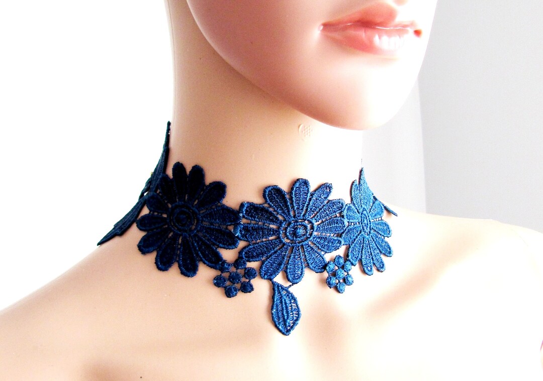 Navy Blue Large Floral Lace Chokers, Delicate Handmade Lace Jewelry ...