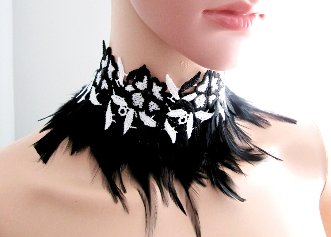 Black & White Floral Lace Feather Choker, Handmade Lace Jewelry, Neck ...