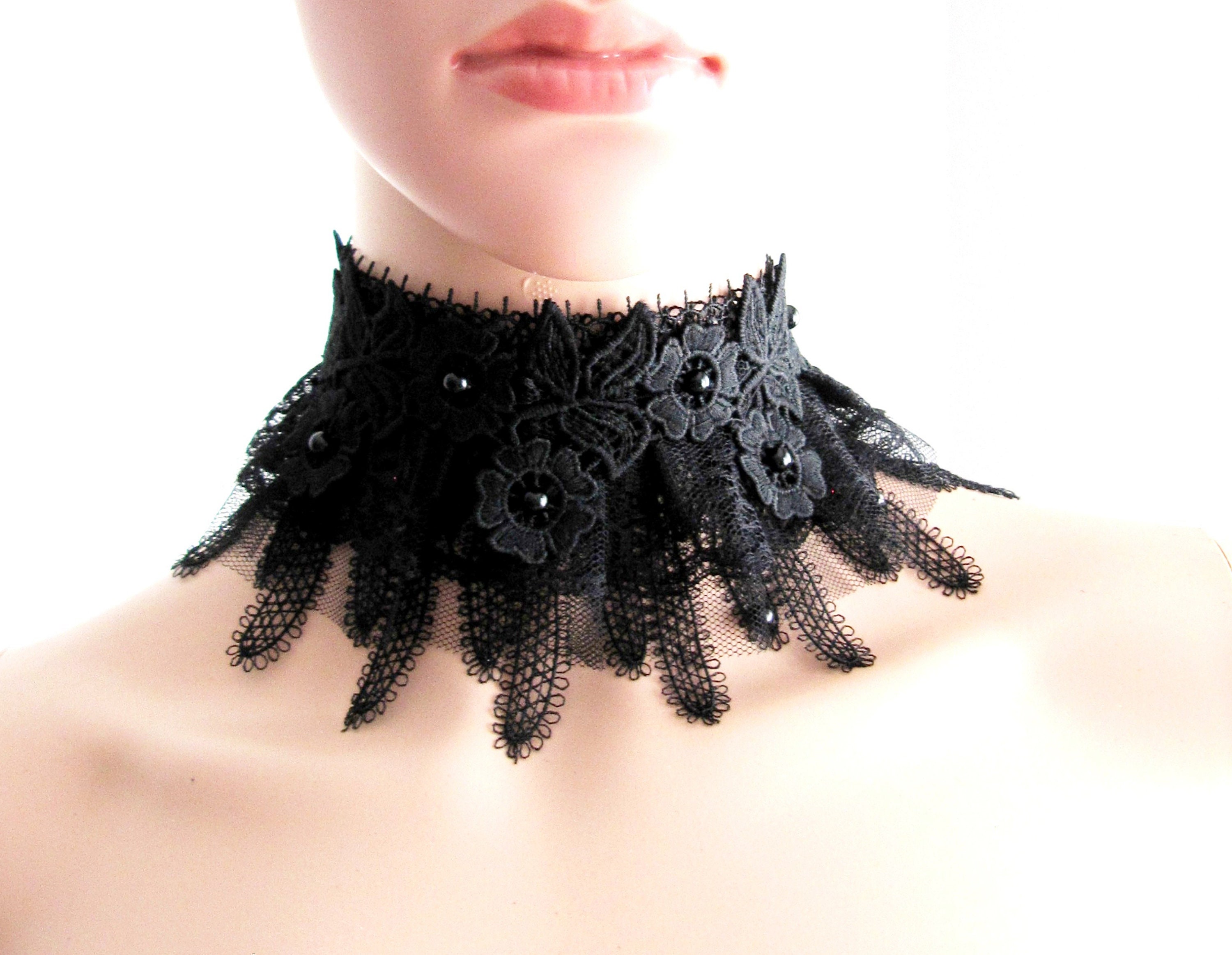 Ruffled Tulle Beaded Black Floral Tulle Choker Embellishment - Etsy