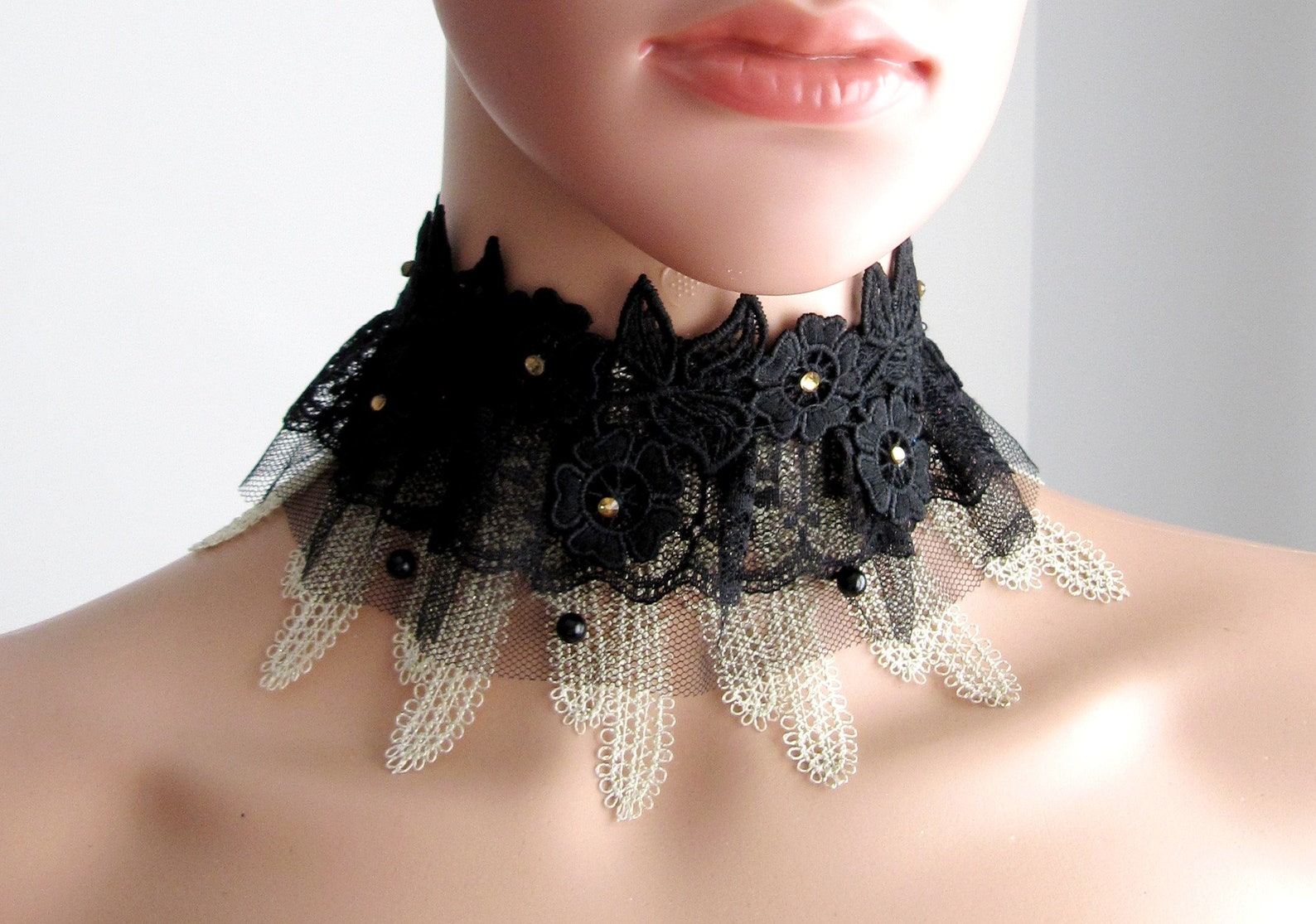 Ruffled Tulle Beaded Black Floral Tulle Choker Embellishment - Etsy