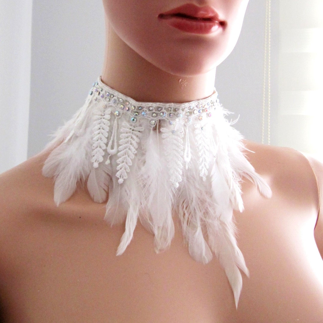 Bridal Feather Collar: Handmade White Lace Jewelry, Rhinestone Neck ...