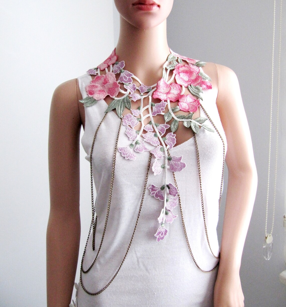 Floral Embroidery Lace Body Chain Necklace Handmade Lace | Etsy