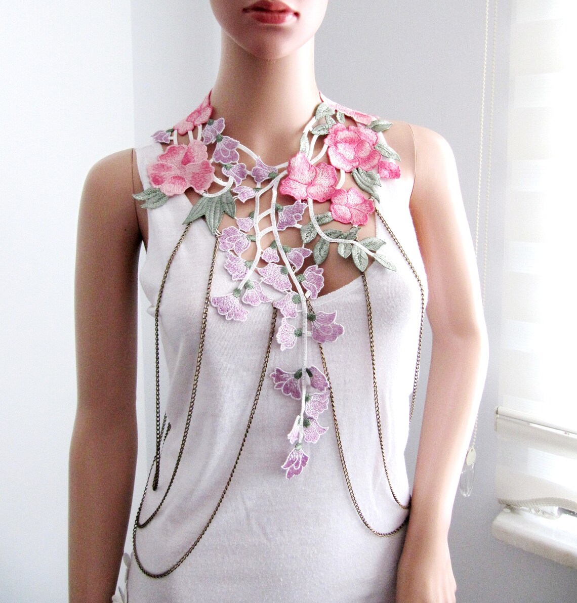 Floral Embroidery Lace Body Chain Necklace Handmade Lace | Etsy