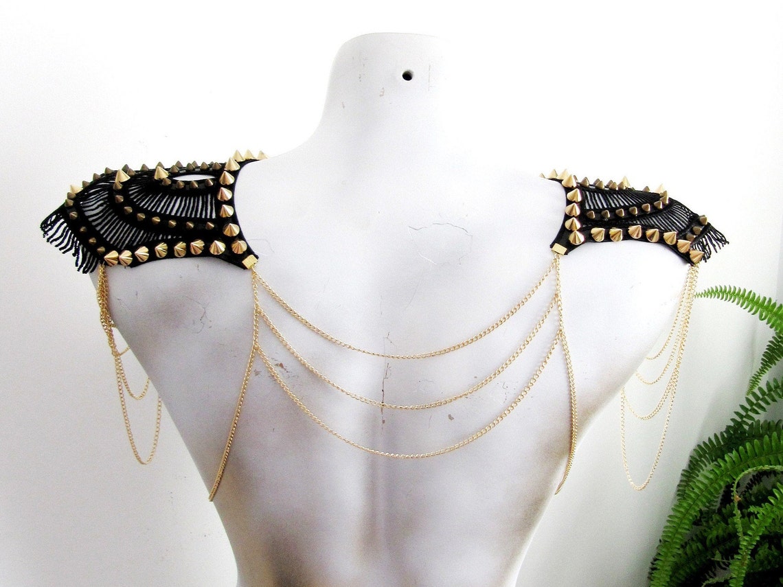 Epaulette Shoulder Black Leather Chain Handmade Jewelry | Etsy