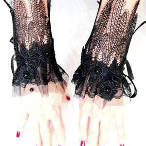 Beaded Wristband Ruffle Black Tulle With Lace Cuffs Fingerless Jewelry ...