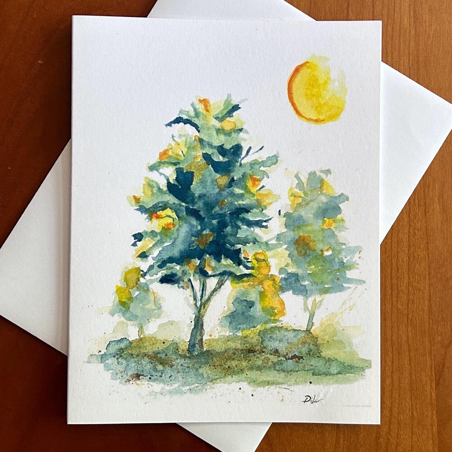 Gold and Green Tree Greeting Card, Vermont Landscape Stationery ...