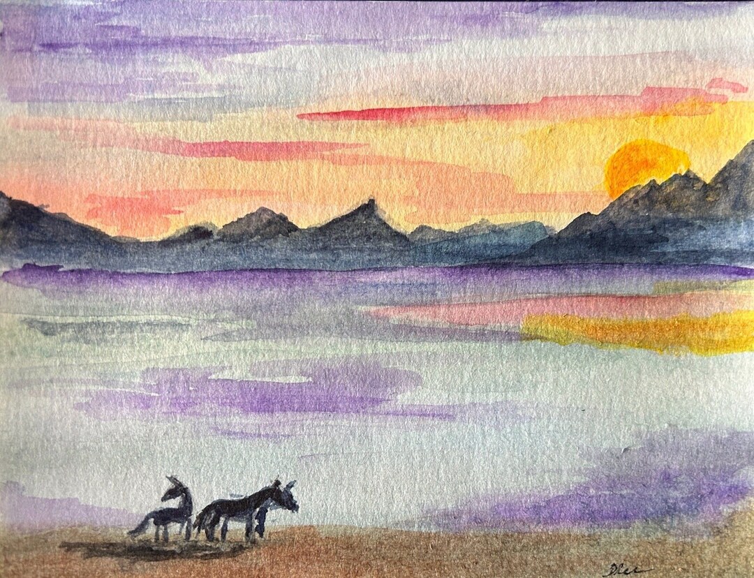 Watercolor Sunset Art Card, Hand Painted Ponies, Personalized Horses ...