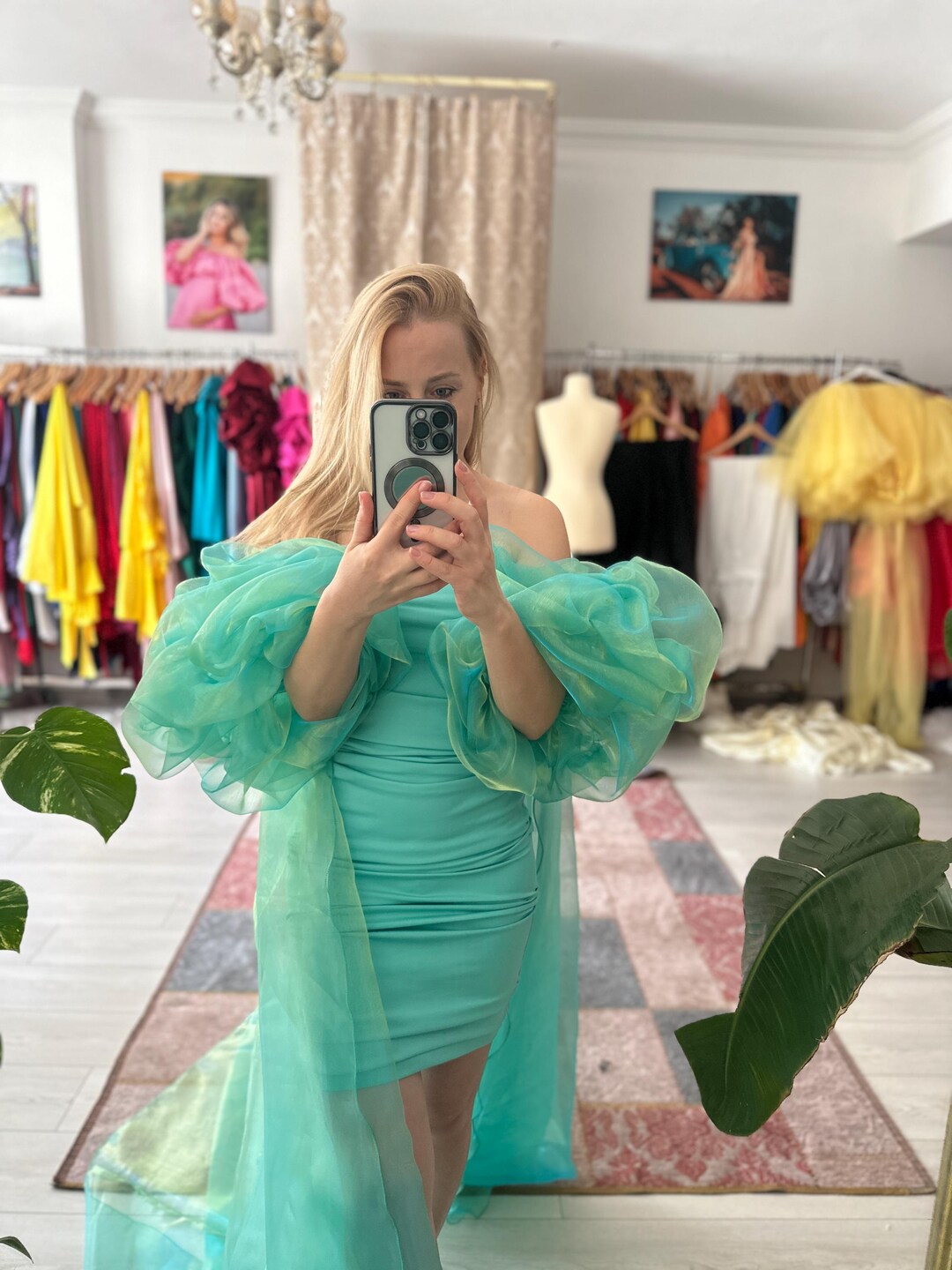 Heather Organza Opera Cape With Fluffy Sleeves in Special Turquoise ...