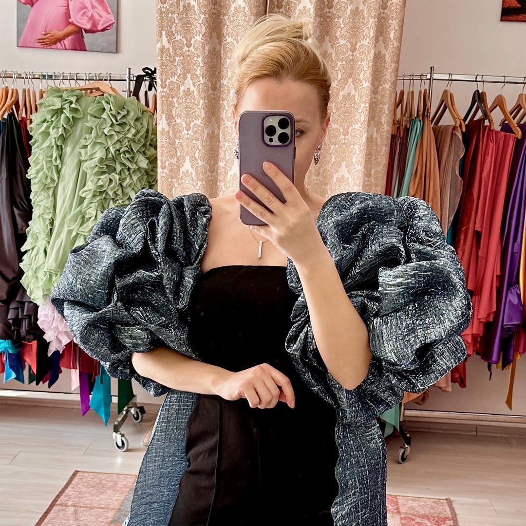 Sophia Brocade Woman Puff Sleeves Long Cape in Steel Blue Color Custom ...