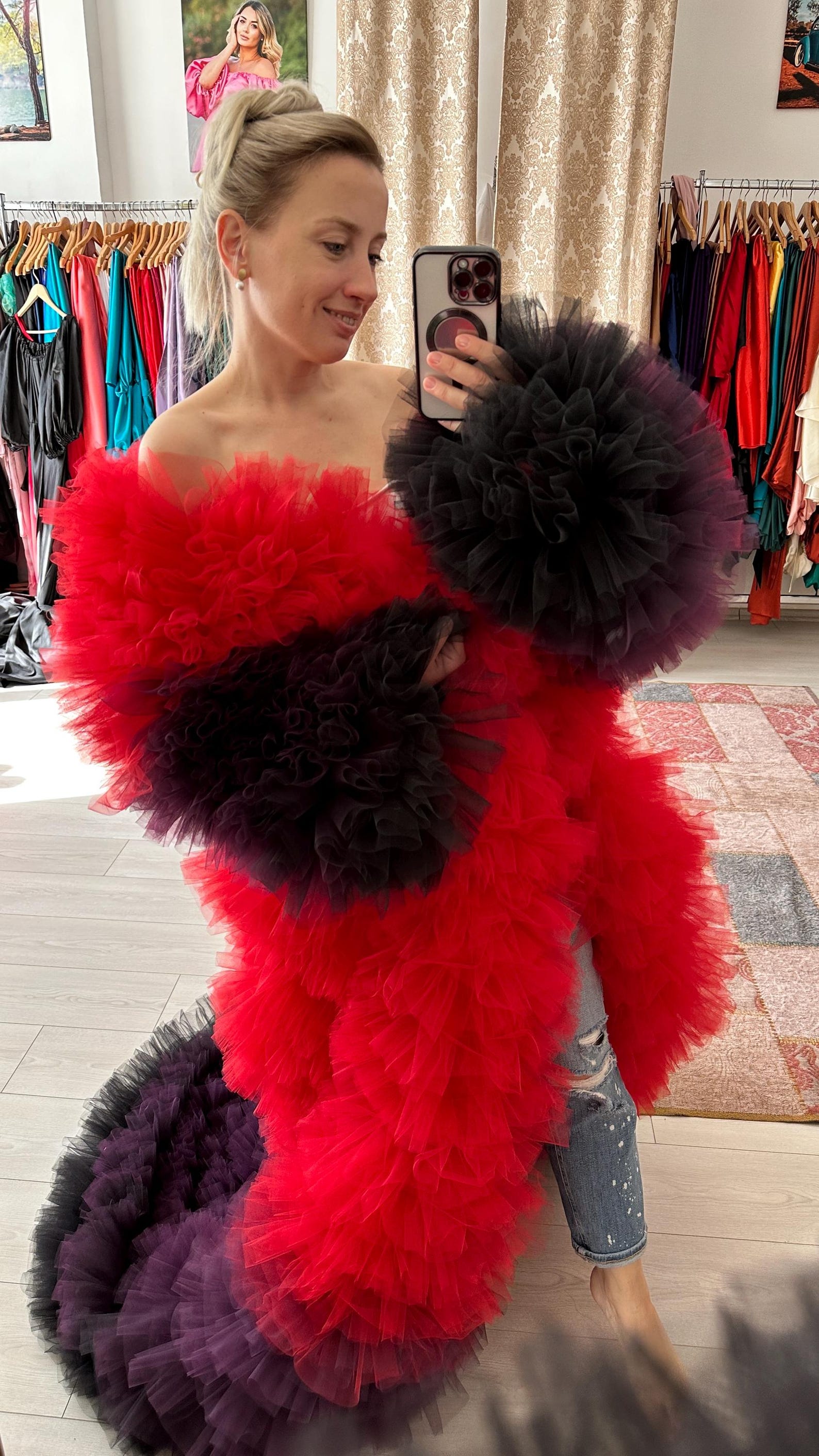 Andrea Ombre Tulle Ruffle Coat: Red Runway Cape, Custom Size - Etsy