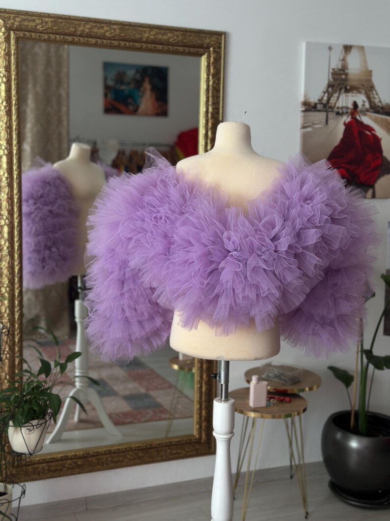 Andrea Tulle Ruffle Long Sleeve Bolero Shrug Shawl Wrap in Lilac Color ...