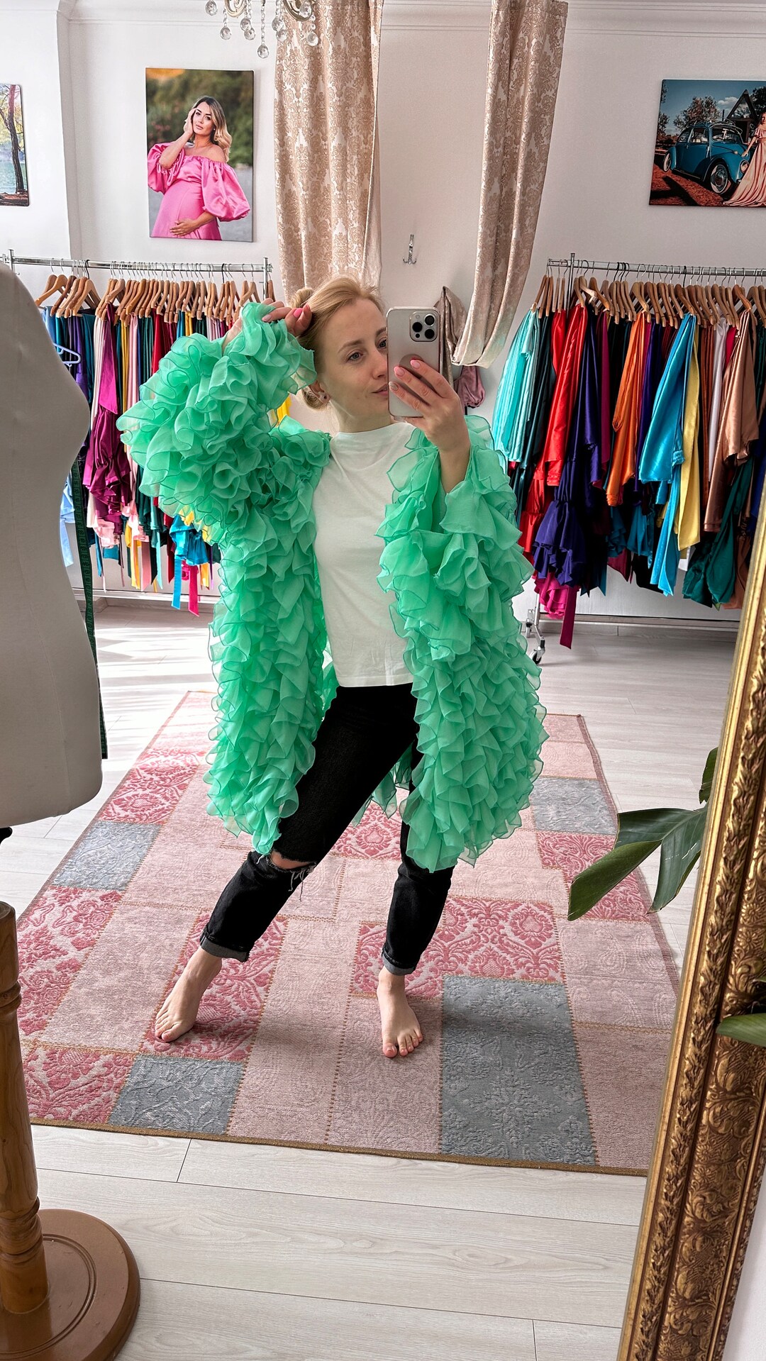 Lianna Coat in Menthol Color // Long Sleeves Middle Length Ruffles ...