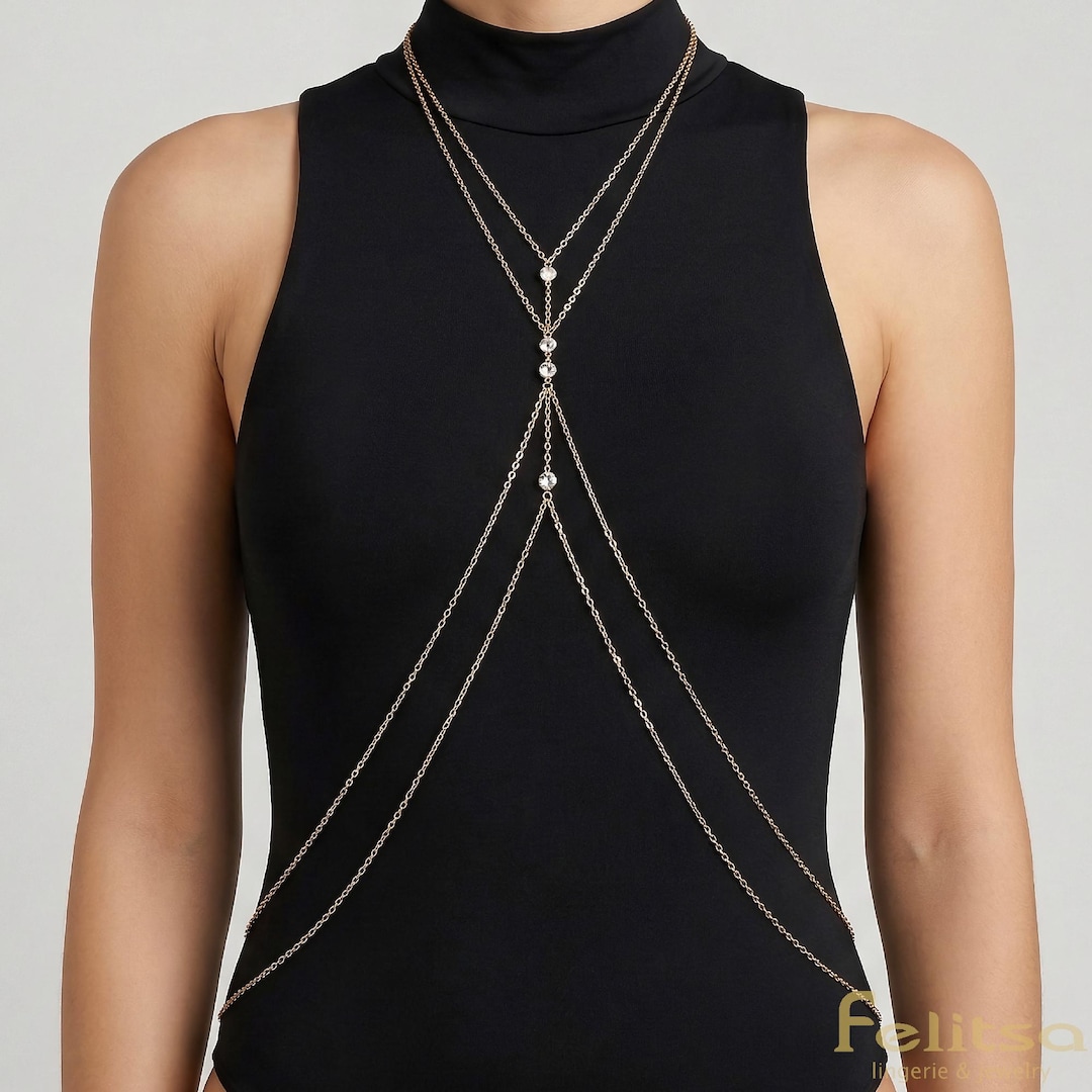 Layered Body Chain With Cubic Zirconia, 18K Gold Plated Chain, Handmade ...