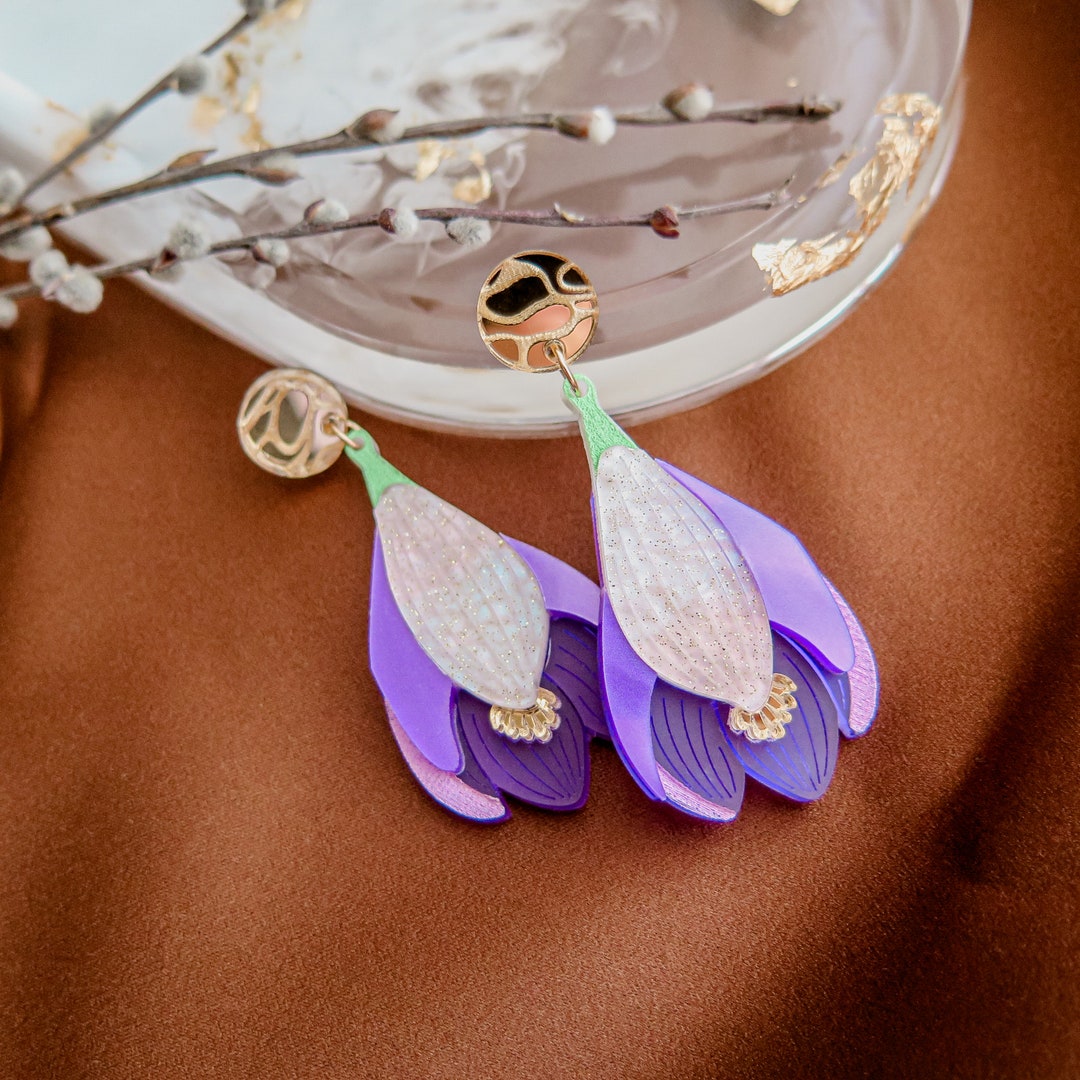 Purple Crocus Flower Earrings, Laser Cut From Acrylic Glass, Large yet ...