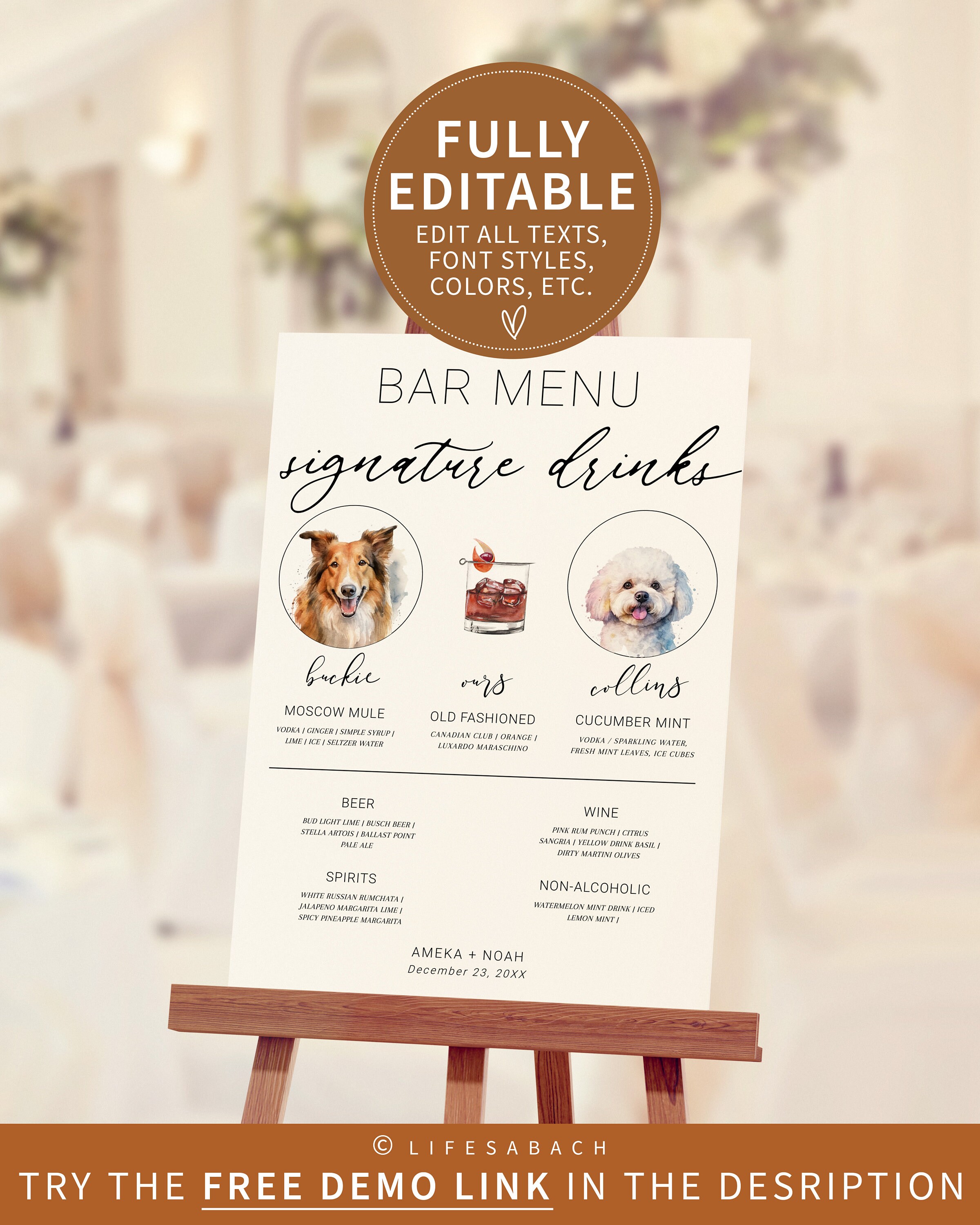 Modern Bar Menu. Pet Signature Drinks His/hers. Dog Breed Bar Menu Sign ...