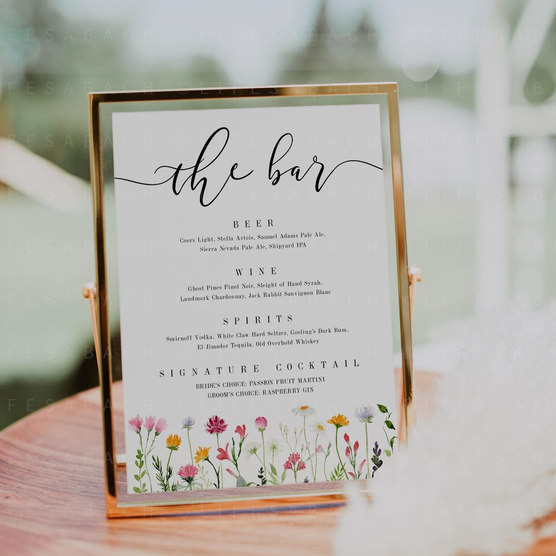 The Drinks Are on Us Bar Menu Sign, Wildflower Theme Garden Wedding ...
