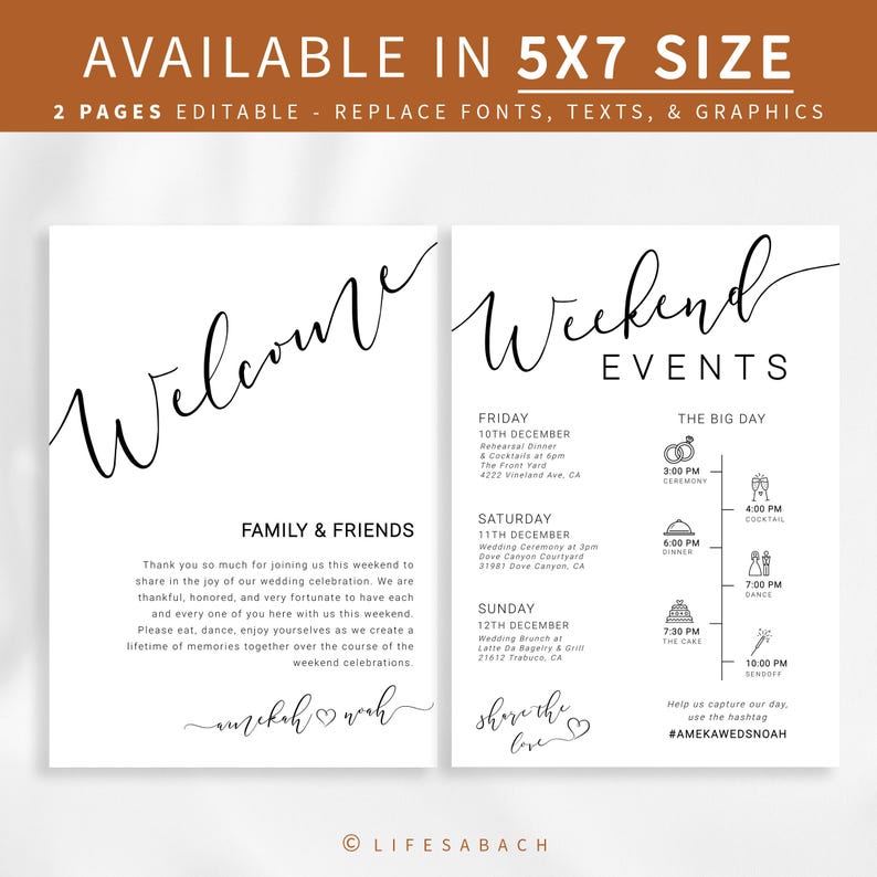 Editable Wedding Weekend Details Card, Welcome Bag Itinerary Template ...