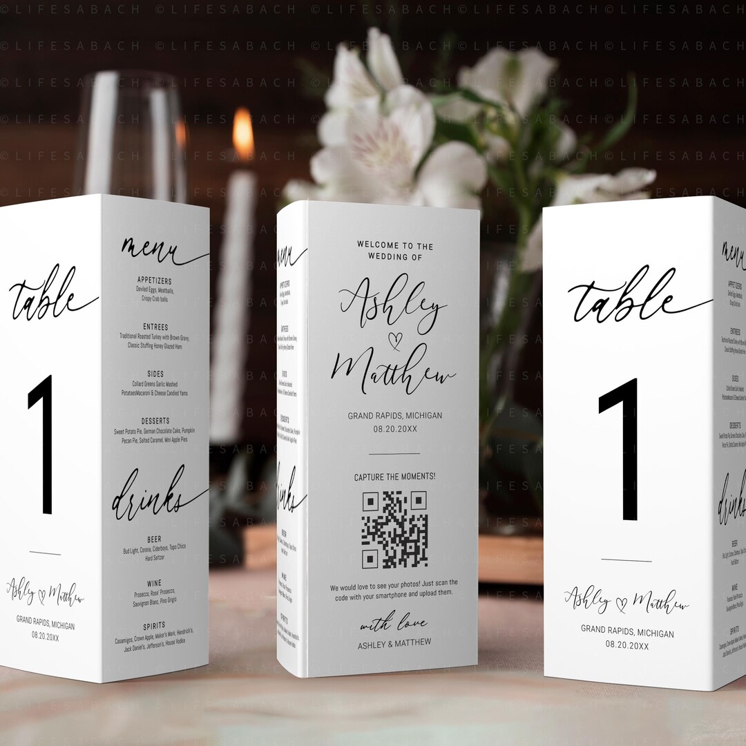 Table Number and Menu Trifold, Minimalist Wedding Tri-fold Welcome ...